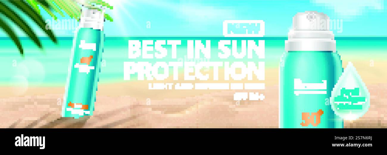 Summer sun spray banner ads in 3d illustration on resort beach ...