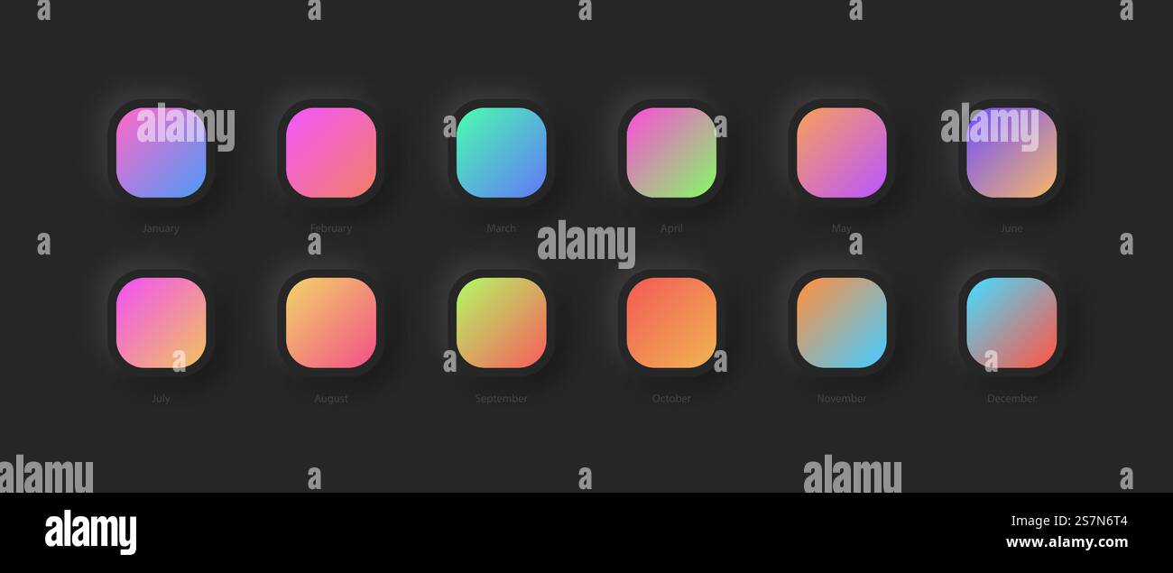 Modern Different Vivid Color Gradient Schemes Set For UI Graphic Design On Dark Neumorphic ...