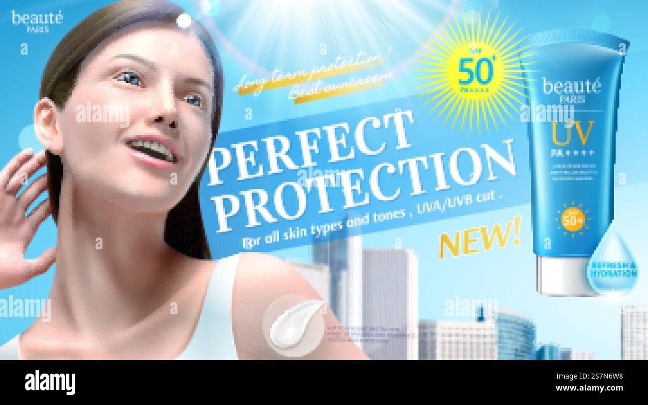 3d illustration summer sunscreen ads with confident woman looking up to the sky on bokeh city ...