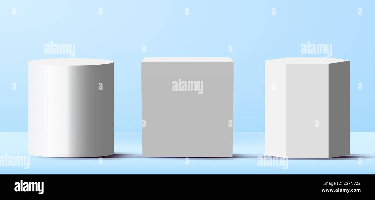 Set of 3D realistic blank white podiums pedestal stands in light blue ...