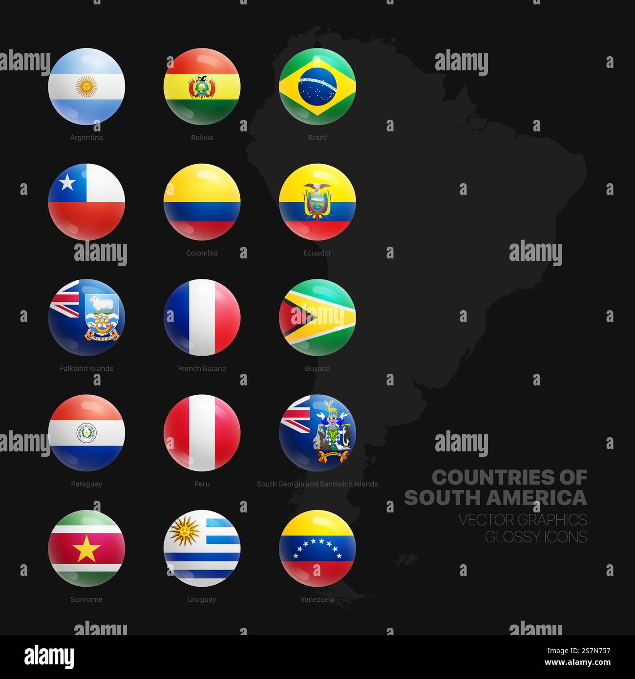 South America Countries Official National Flags Round 3D Glossy Icons Set On Black Background ...