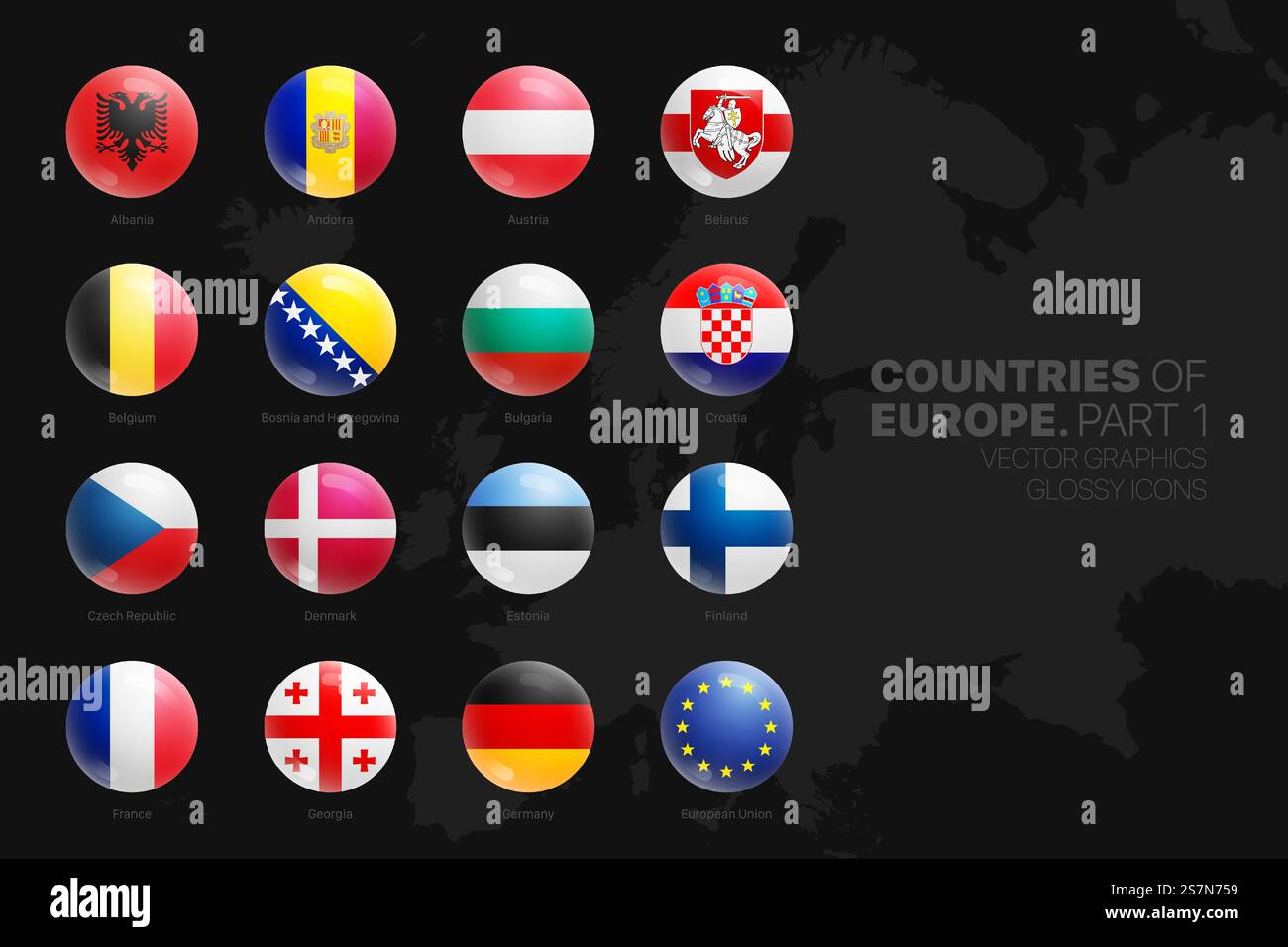 European Countries Flags Glossy Round Icons Set Isolated On Black ...