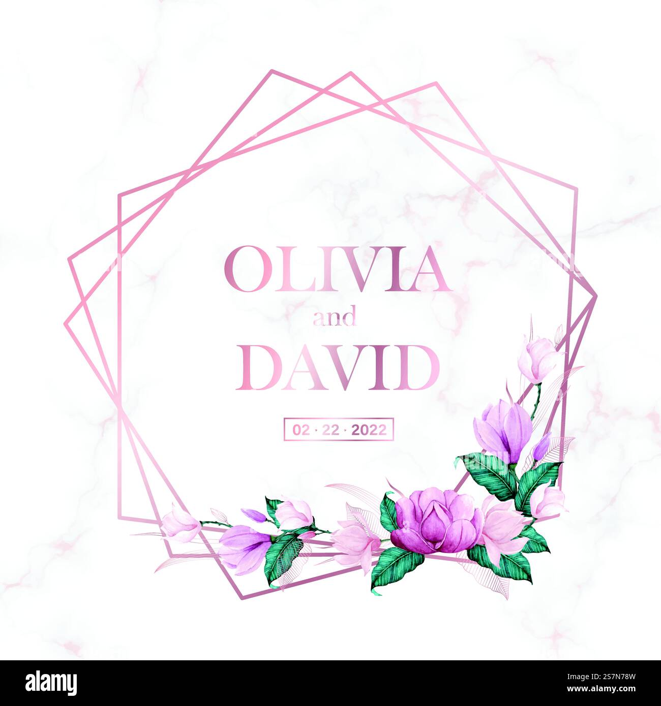 Rose gold geometric frame with floral on marble background for wedding ...