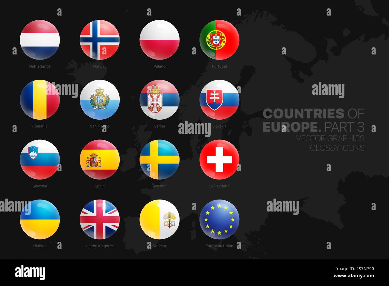 European Countries Flags Glossy Round Icons Set Isolated On Black ...