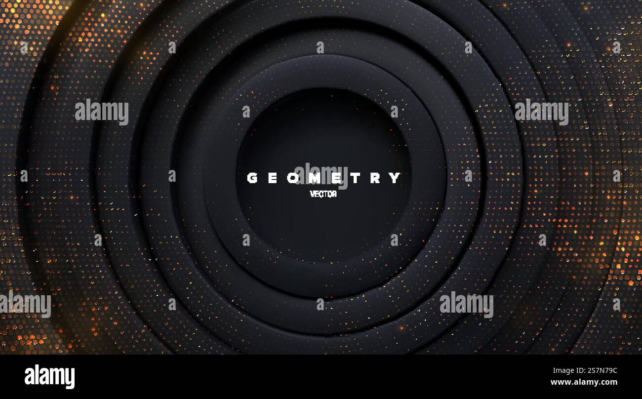 Black concentric shapes with golden glitters. Abstract geometric ...