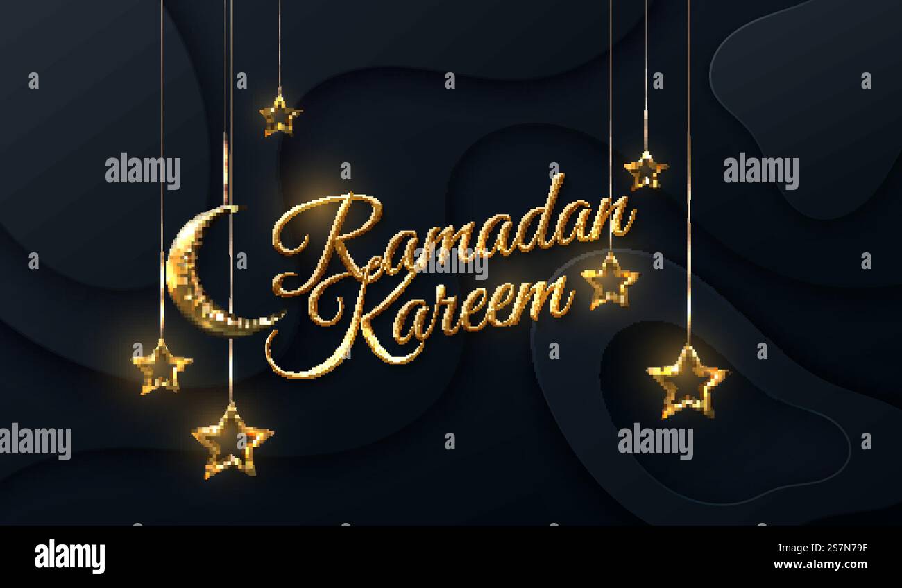 Ramadan Kareem golden sign with crescent moon and hanging stars Stock ...