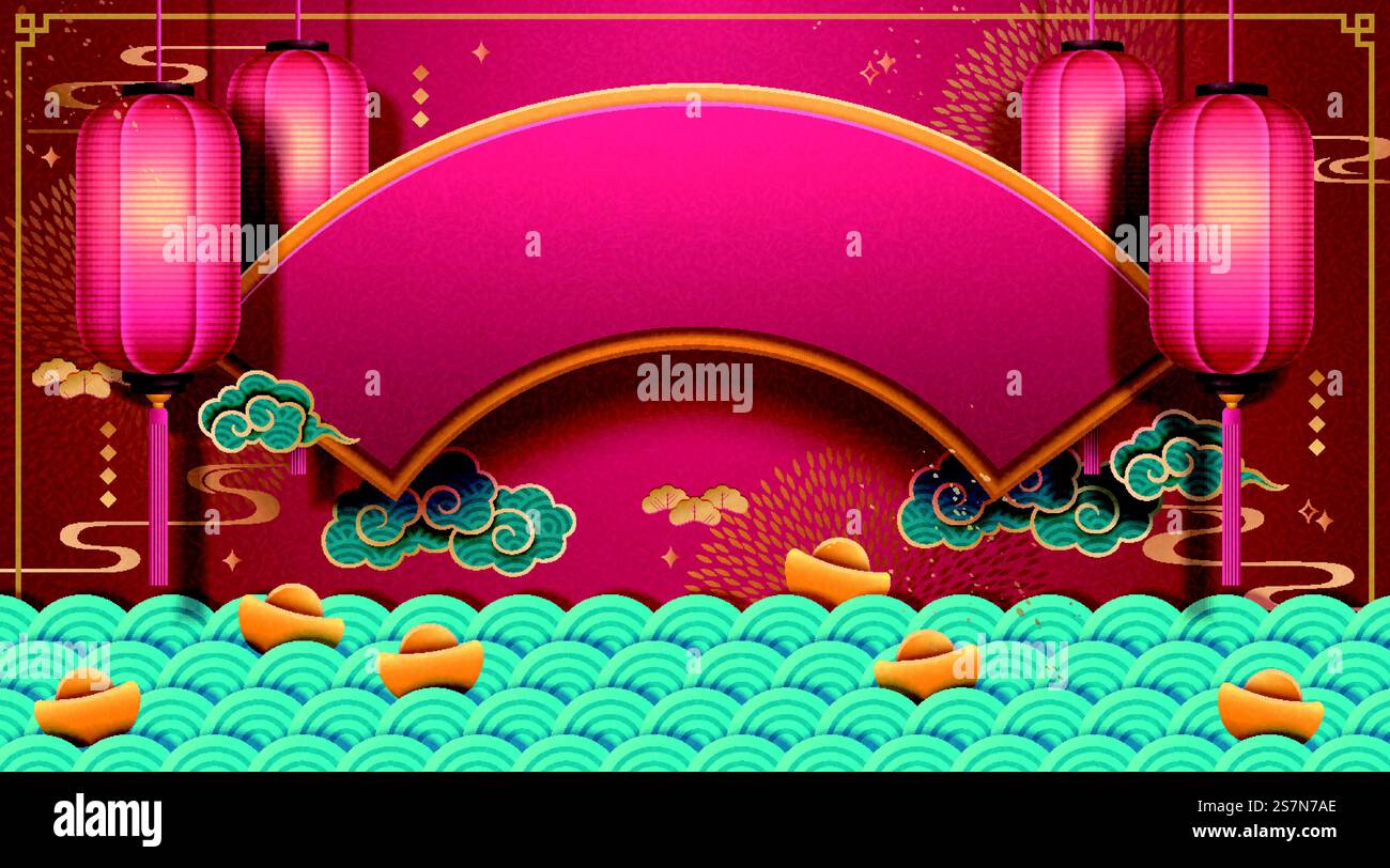 Traditional Chinese spring festival background with red lanterns, fan ...