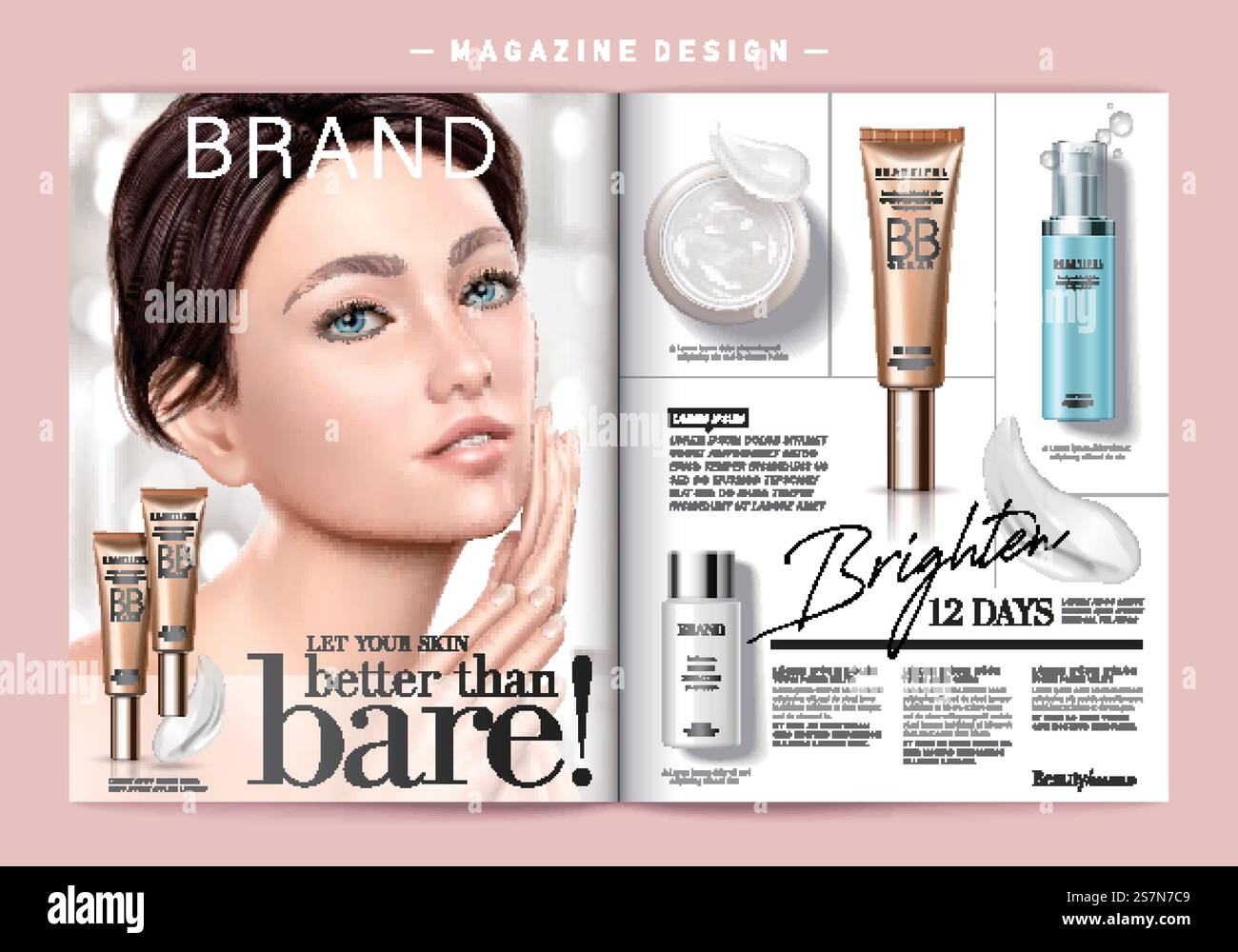 Skin care magazine template, cosmetic products and attractive models isolated on pearl white ...