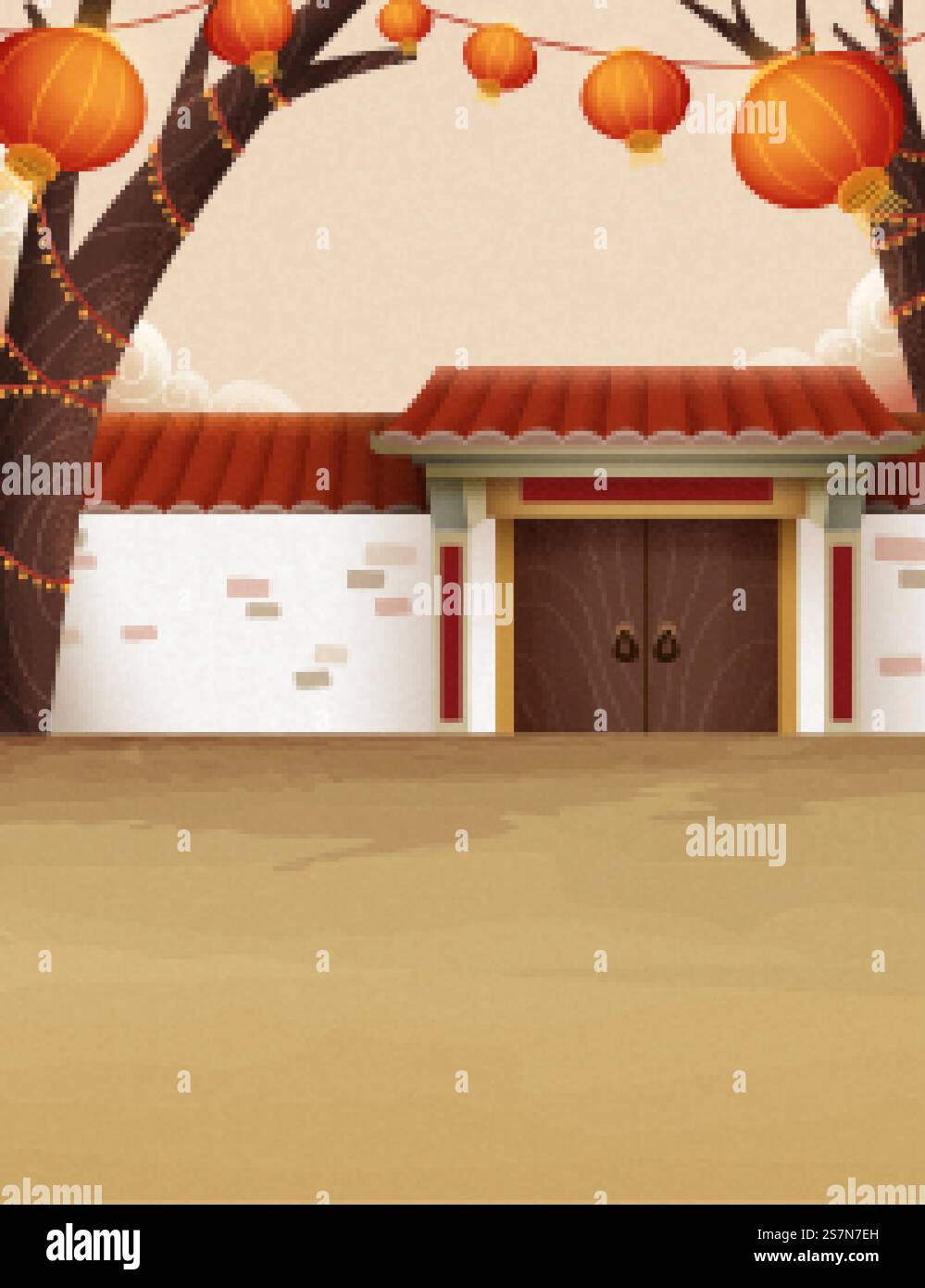 Traditional chinese countryside architecture illustration with white ...