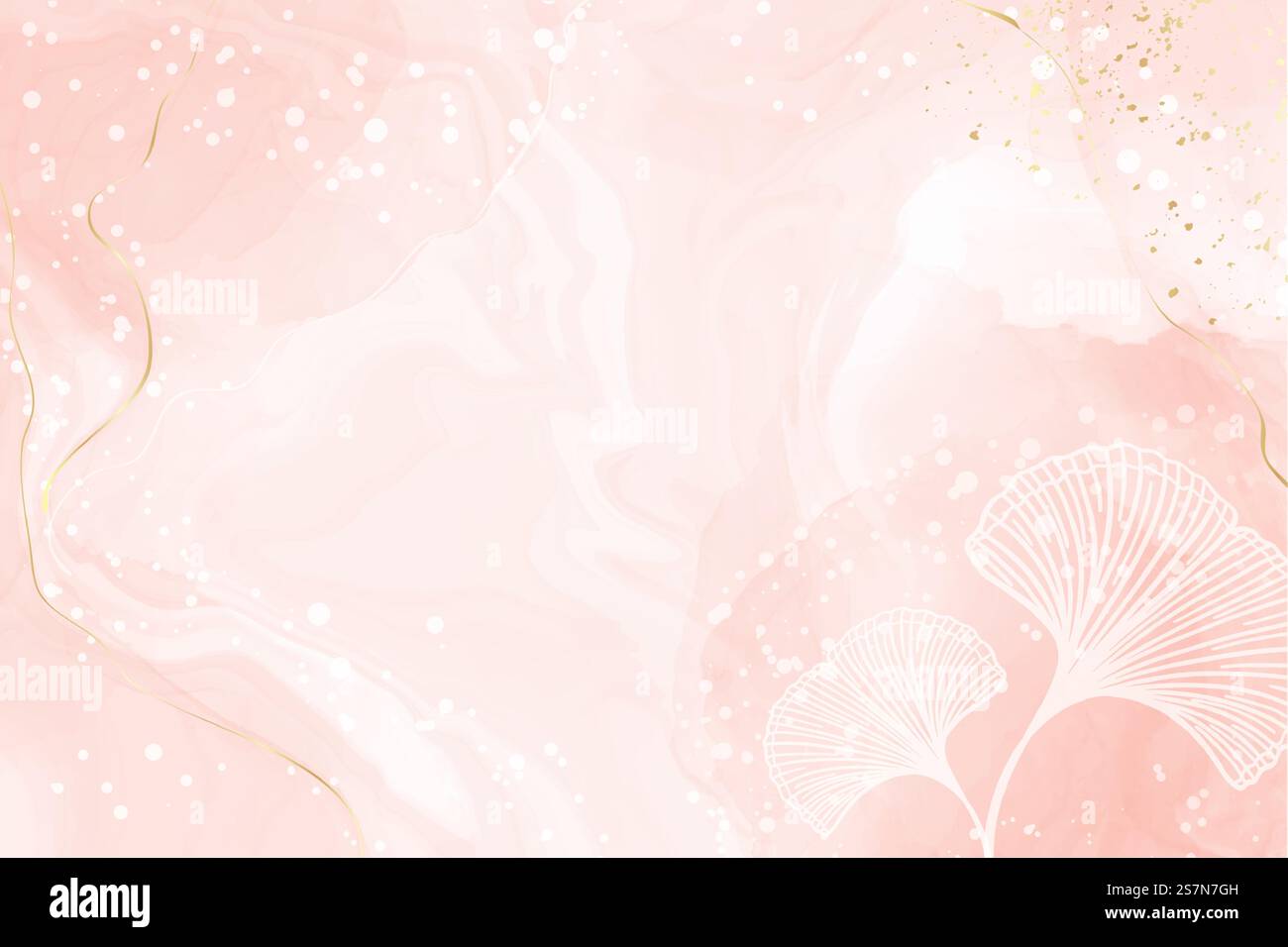 Abstract dusty blush liquid watercolor background with white ginkgo ...