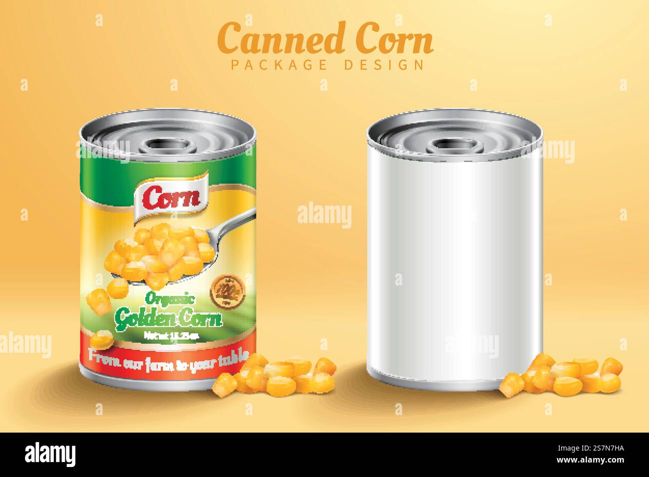 Canned corn package design in 3d illustration, two tin can mockup for design uses. Canned corn ...