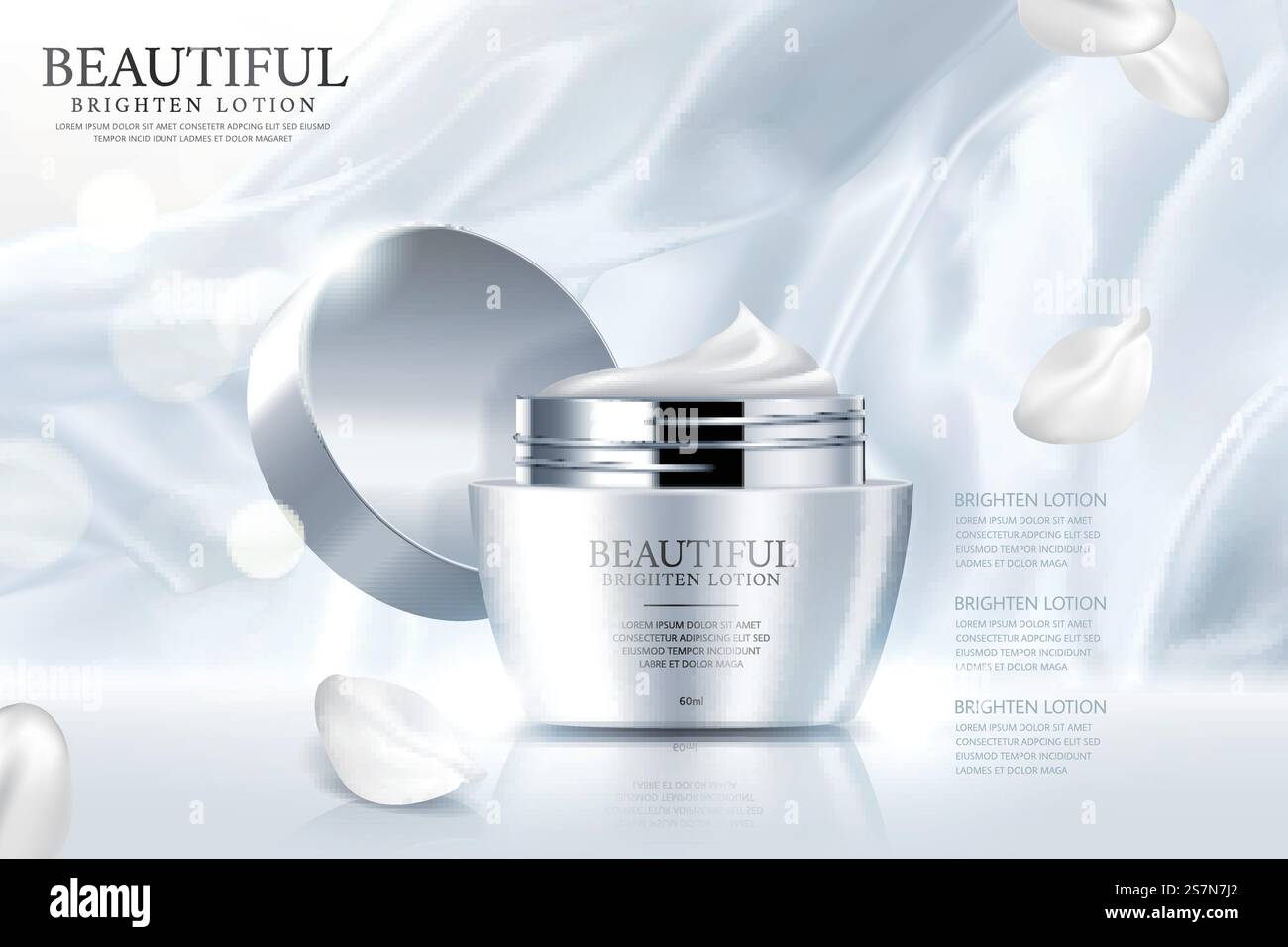 Face cream ads with pearl white smooth satin and petals in 3d ...