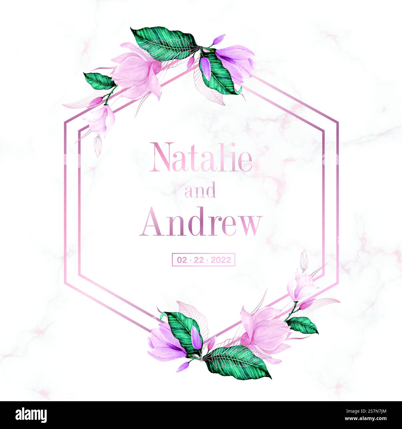 Rose gold geometric frame with floral on marble background for wedding ...