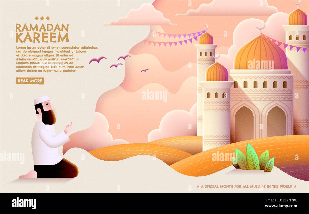 Ramadan Kareem prayer and mosque in hand drawn style. Ramadan Kareem ...