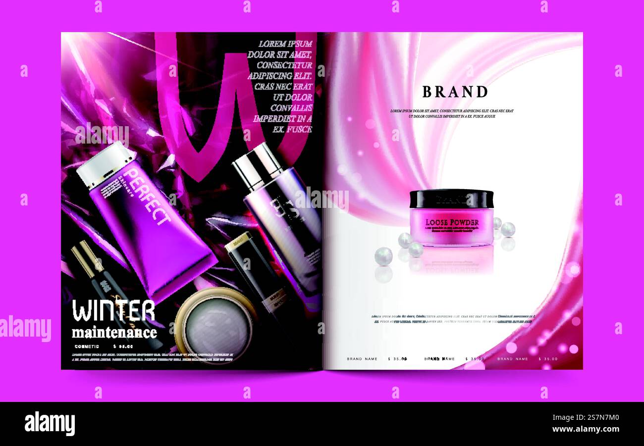 Cosmetic magazine template, fuchsia tone design with attractive ...