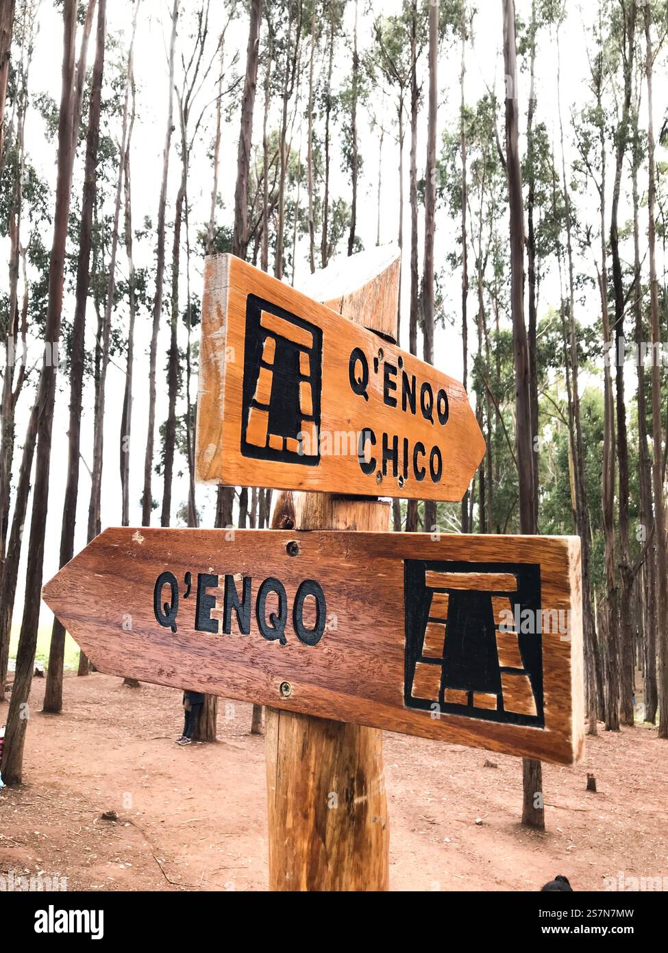 Wooden direction sign indicating the q'enqo chico and q'enqo inca ruins ...