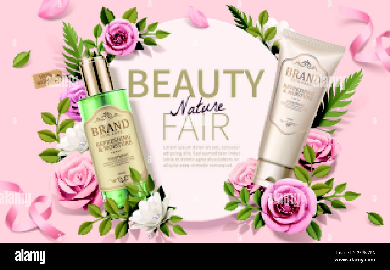 Romantic skincare ads with elegant paper art flowers decorations on ...