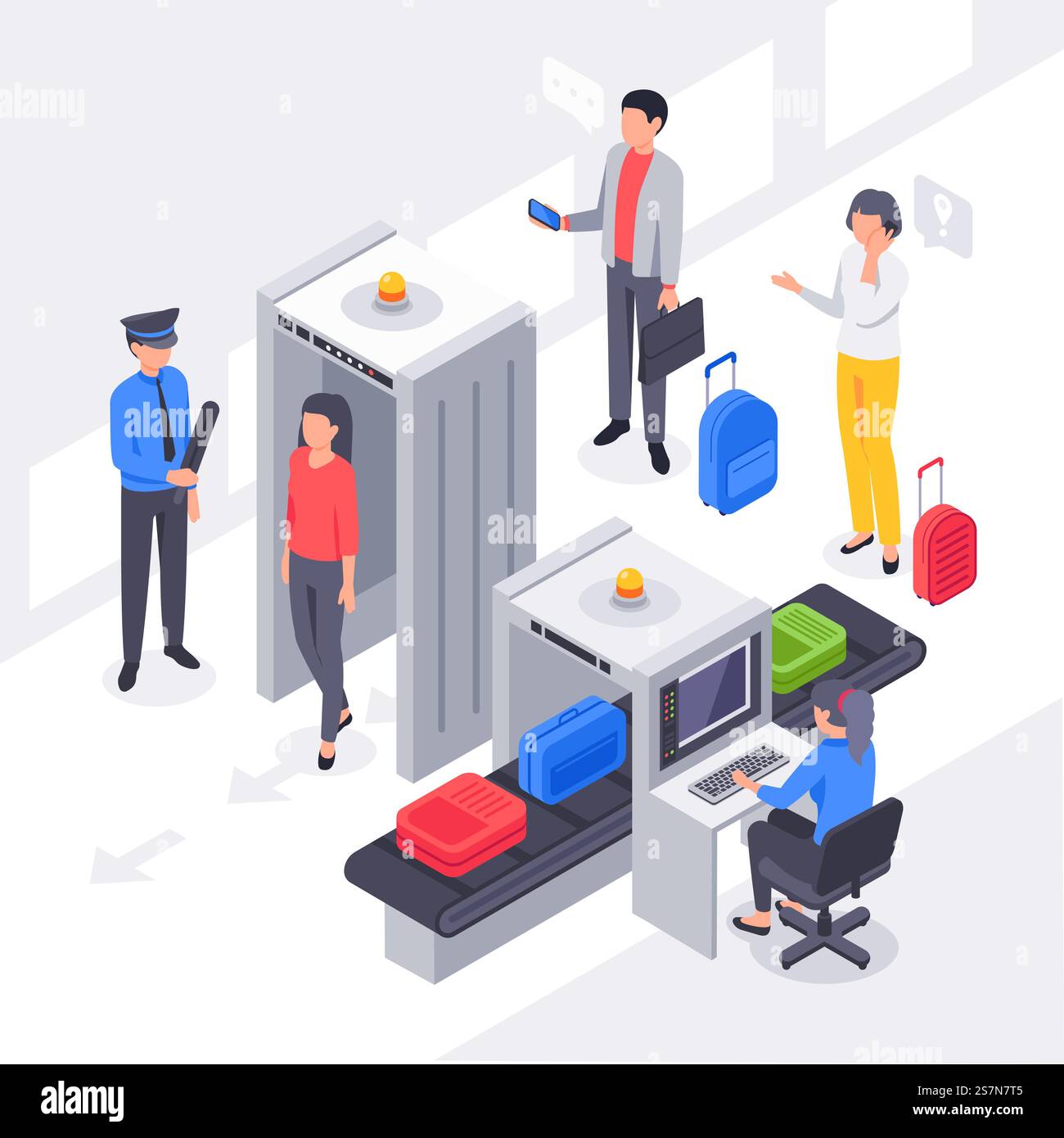 Isometric airport security. X ray check passengers baggage scanning ...