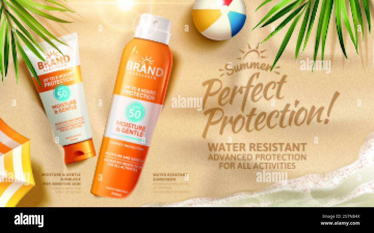 Summer sunscreen spray and cream lying on sand in 3d illustration with ...