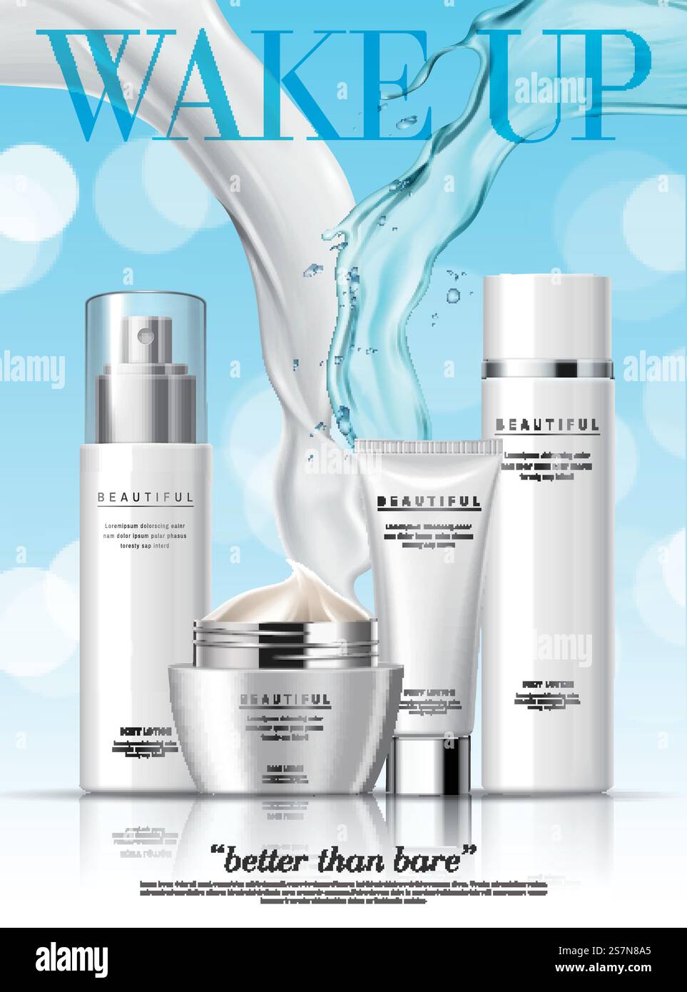 Moisture skin care ads, white container mockup with watery and creamy liquid pouring down, blue ...