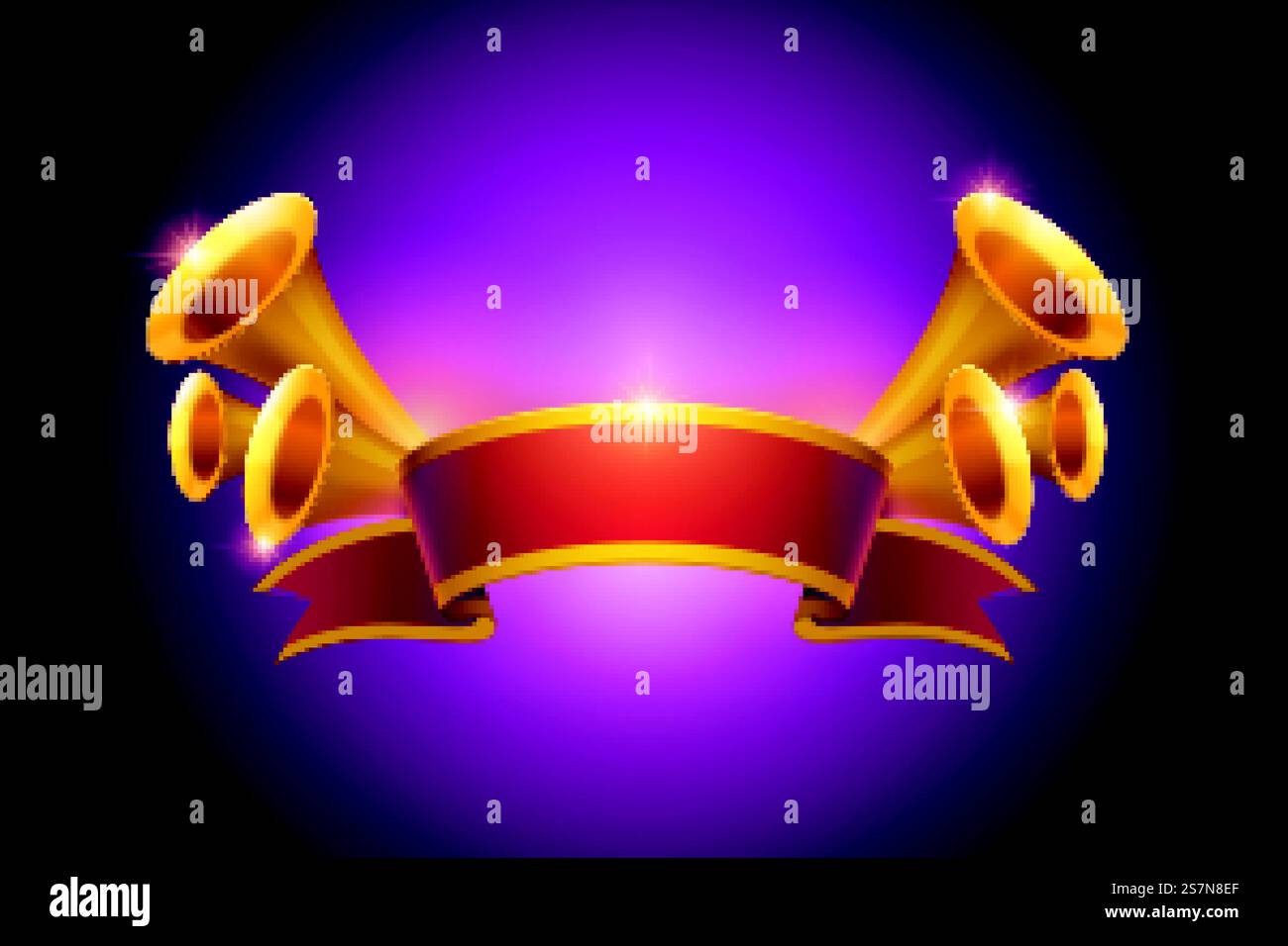 Retro trumpets and red ribbon elements for publicity on purple ...