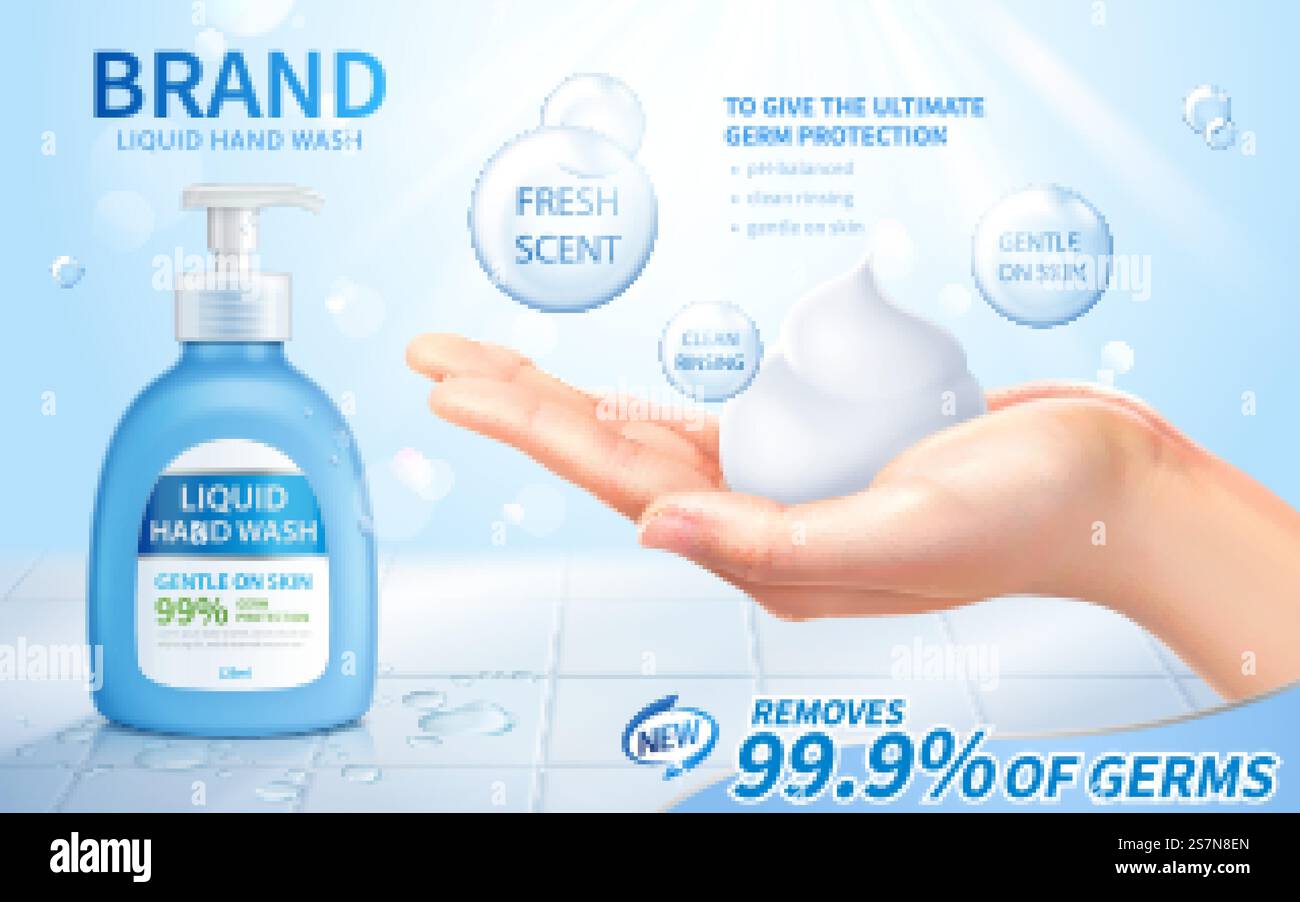 Ad template of liquid hand wash, realistic female hand in open palm ...