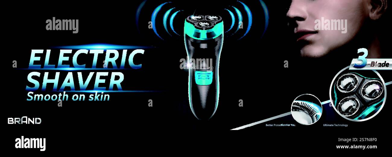 Electric shaver banner ads with handsome model in 3d illustration ...