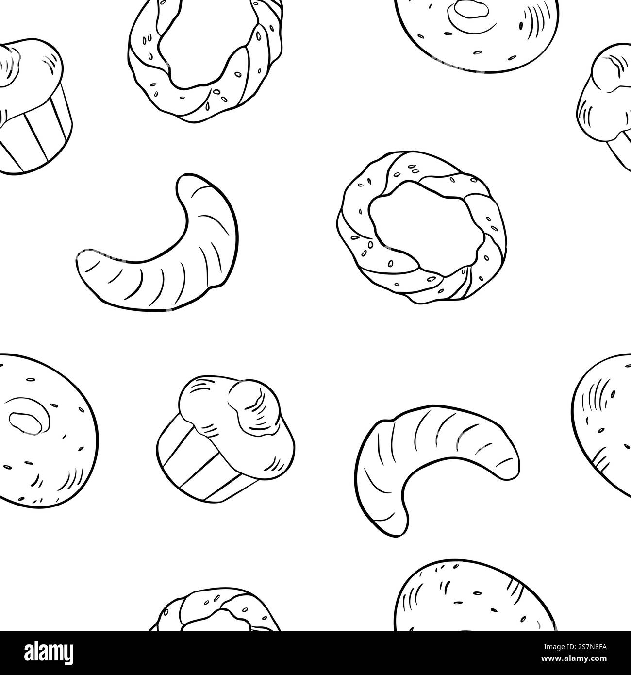 Assorted buns and bread rings black white vector seamless pattern ...