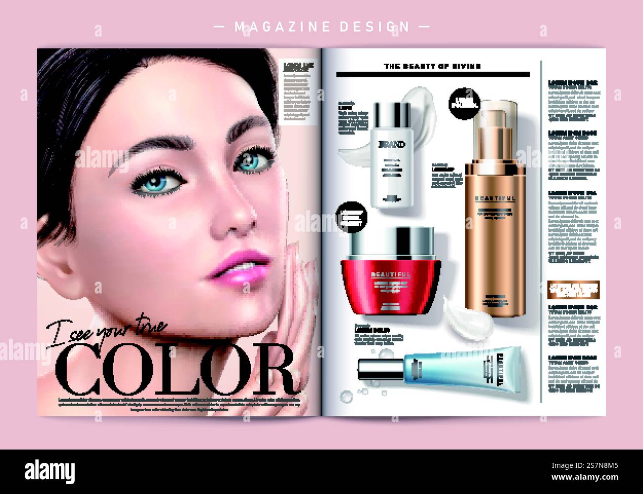 Cosmetic magazine template, attractive model with product containers in ...