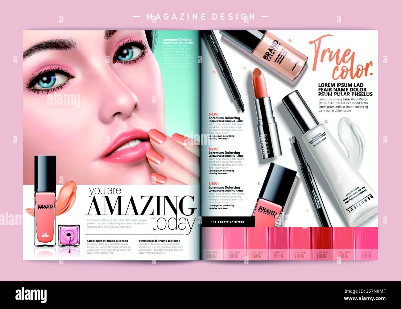Fashion magazine template, attractive model with spring makeup, lip ...