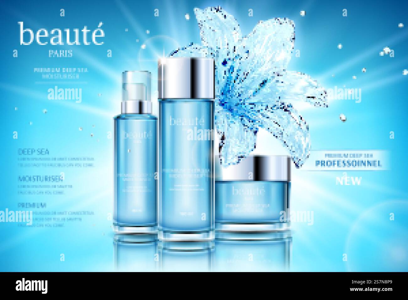 Moisturizing cosmetic set ads with transparent water lily on glittering ...