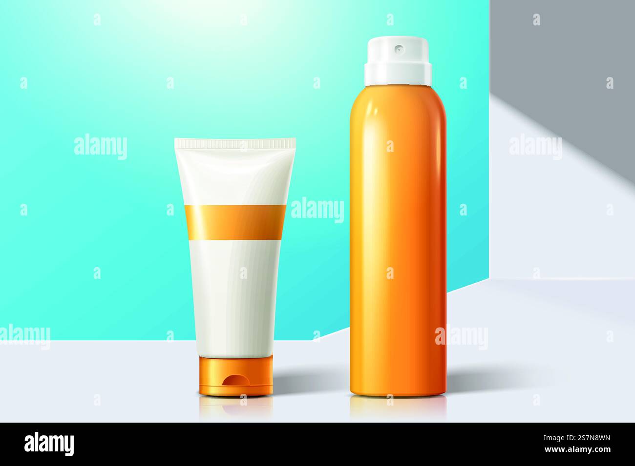 3d illustration sun spray blank bottles on white balcony and blue sky ...