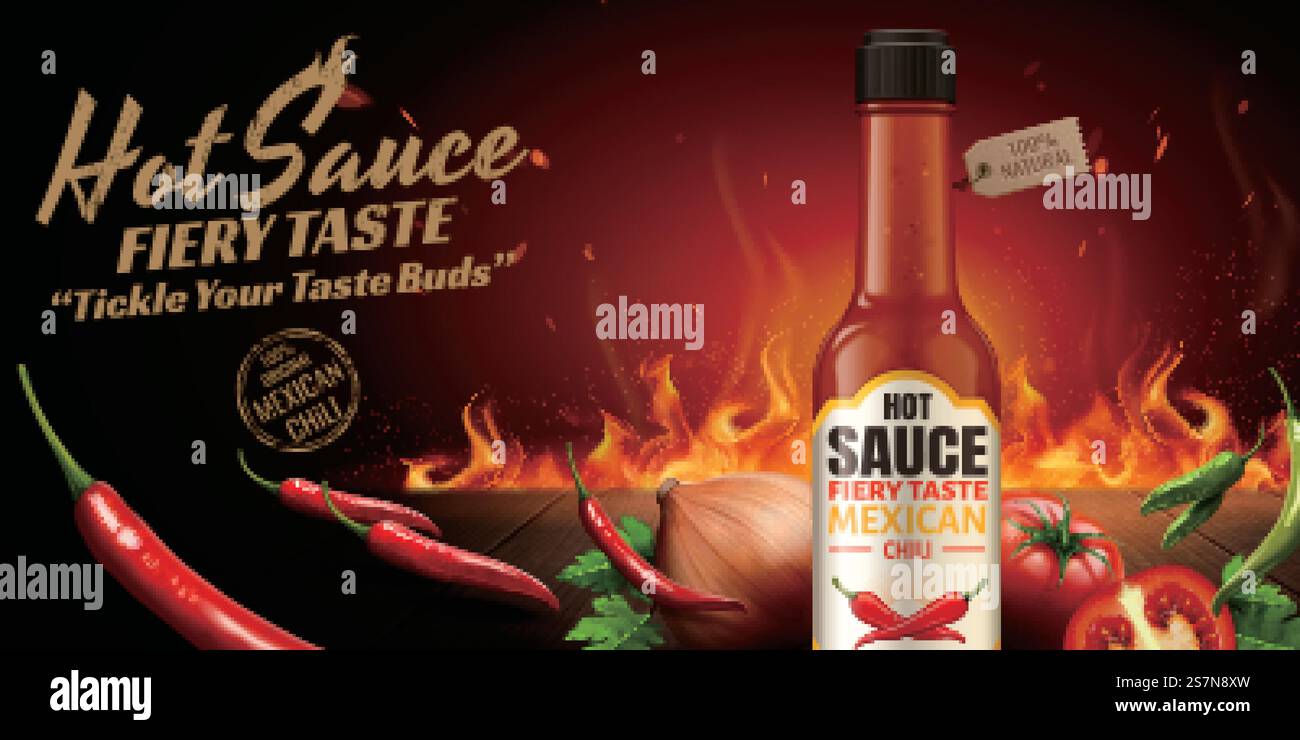 Hot sauce ads with chilli and burning fire effect in 3d illustration ...