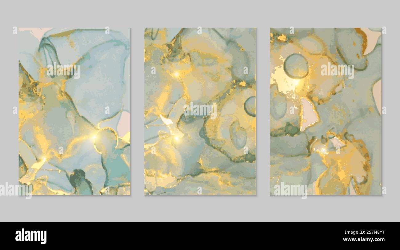 Blue, grey, gold marble abstract backgrounds. Set of alcohol ink ...