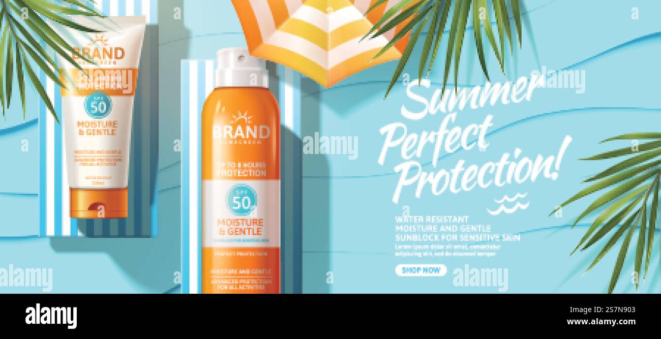 Summer sunscreen spray and cream lying on lounger, top view 3d ...