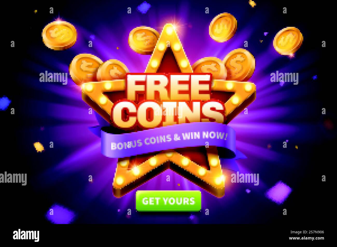 Free coins pop up ads with golden coins flying out from star shape ...