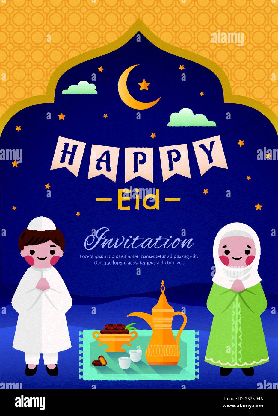 Happy Eid invitation with muslim people preparing iftar in flat design ...