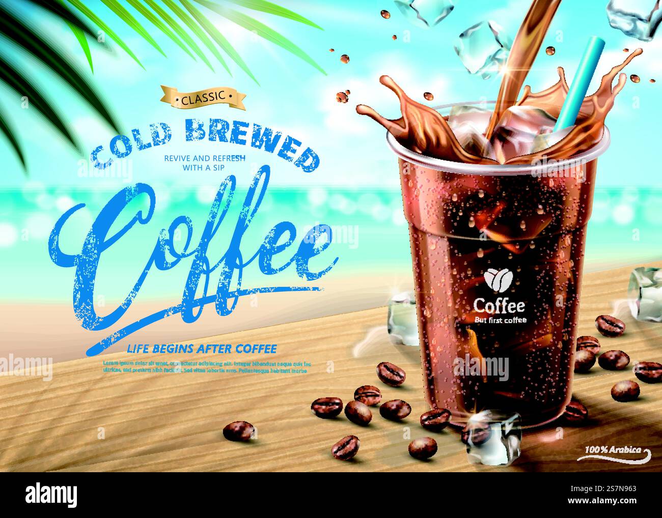 Cold brewed coffee ads on hot summer beach scene in 3d illustration. Cold brewed coffee ads ...