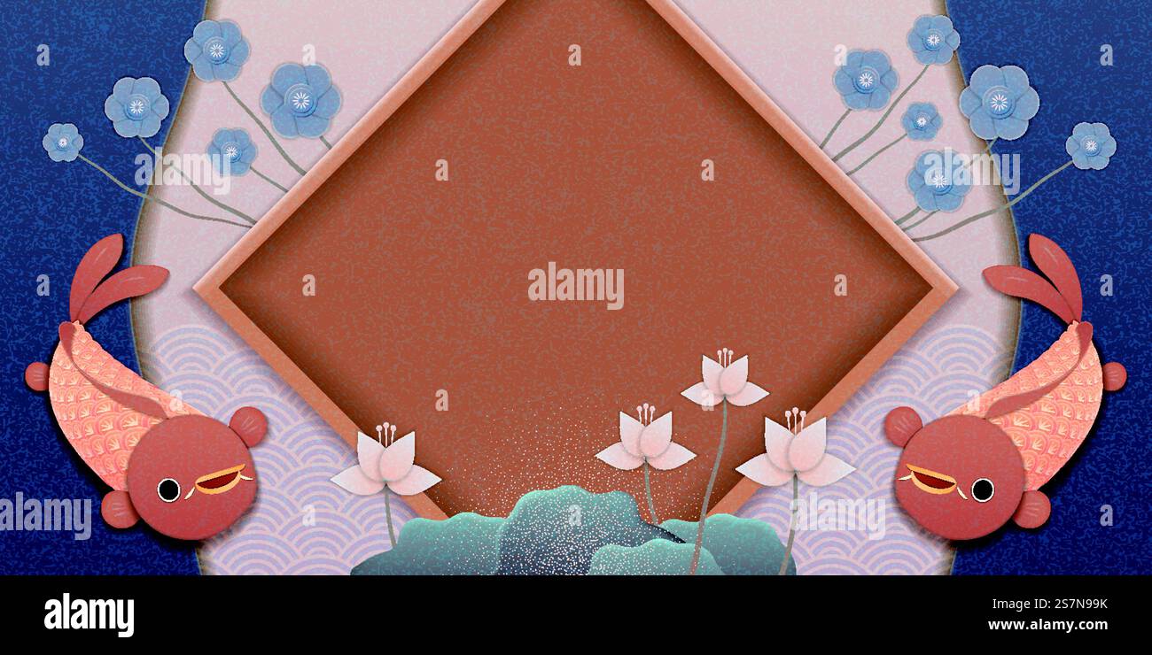Lunar year design with fish and plum flower on blue and light purple ...