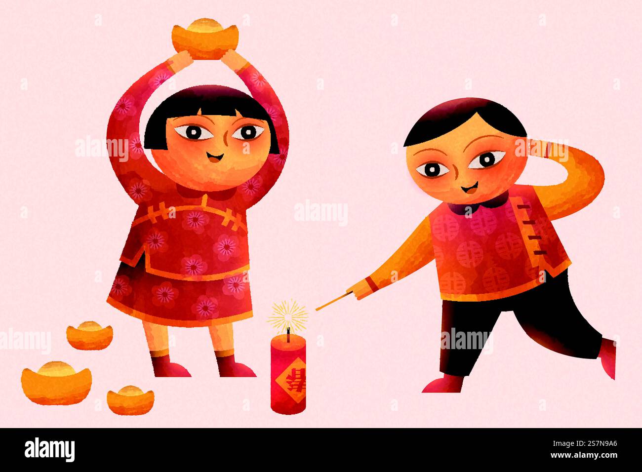 Cute children lighting firecrackers and holding gold ingot in doodle ...