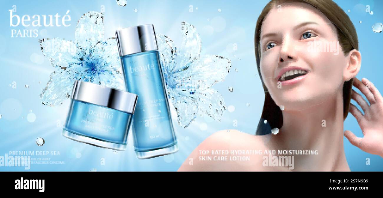 Hydrating cosmetic ads with liquid lily and confident woman in 3d ...