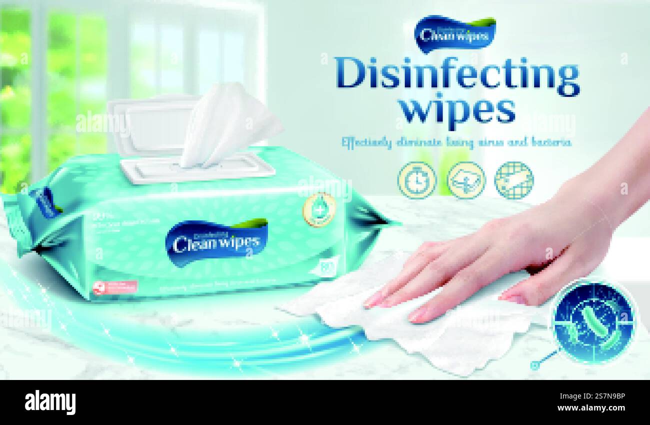Cleaning wipes ad template, female hand using wet wipe to clean the ...