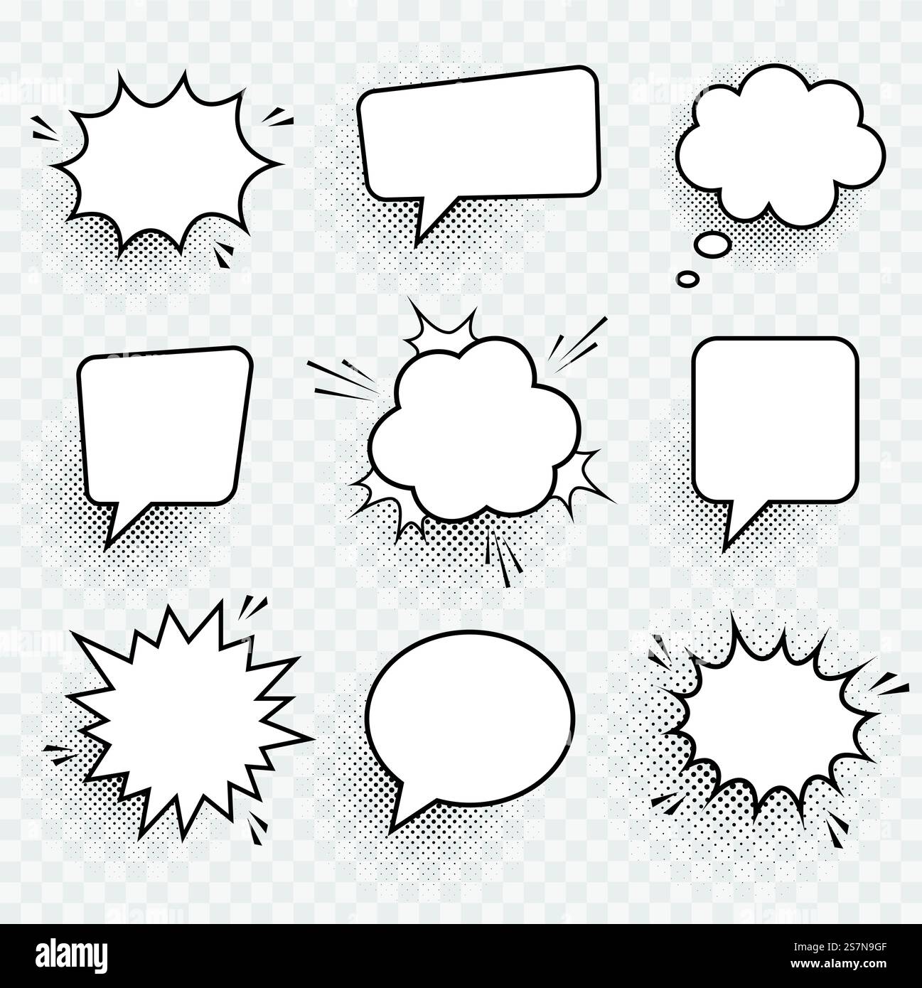 Retro empty comic speech bubbles set with black halftone shadows. Vintage design, pop art style ...