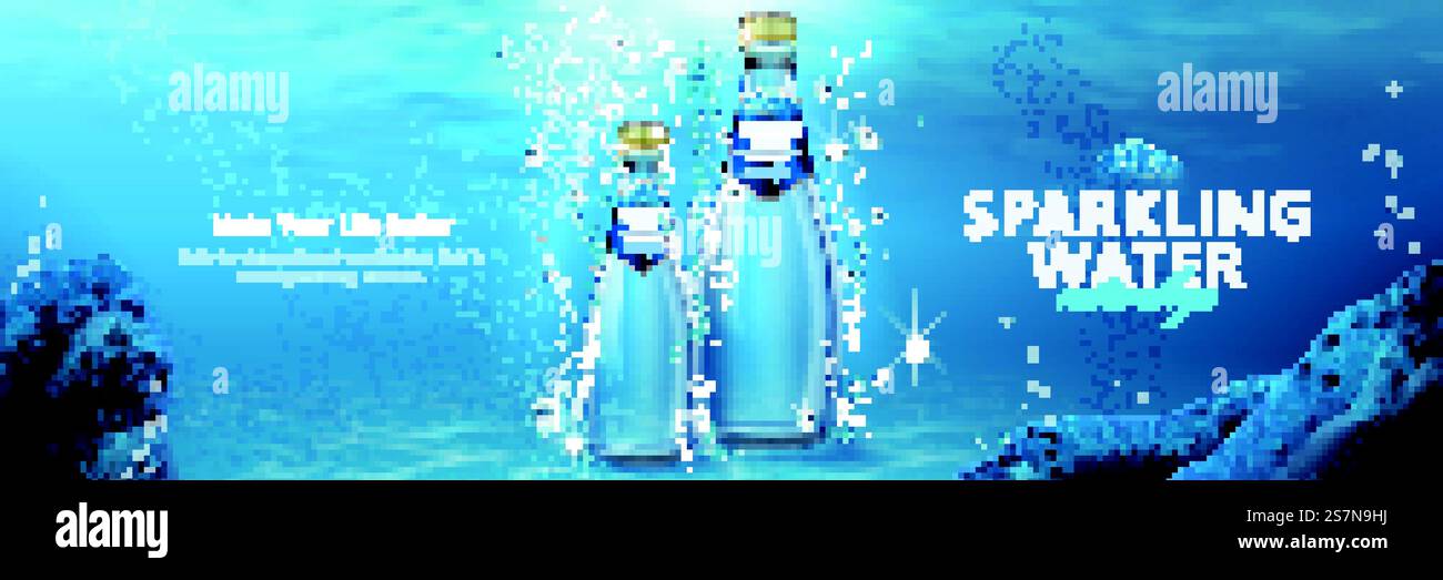 Sparkling water banner ads with product under water in 3d illustration ...