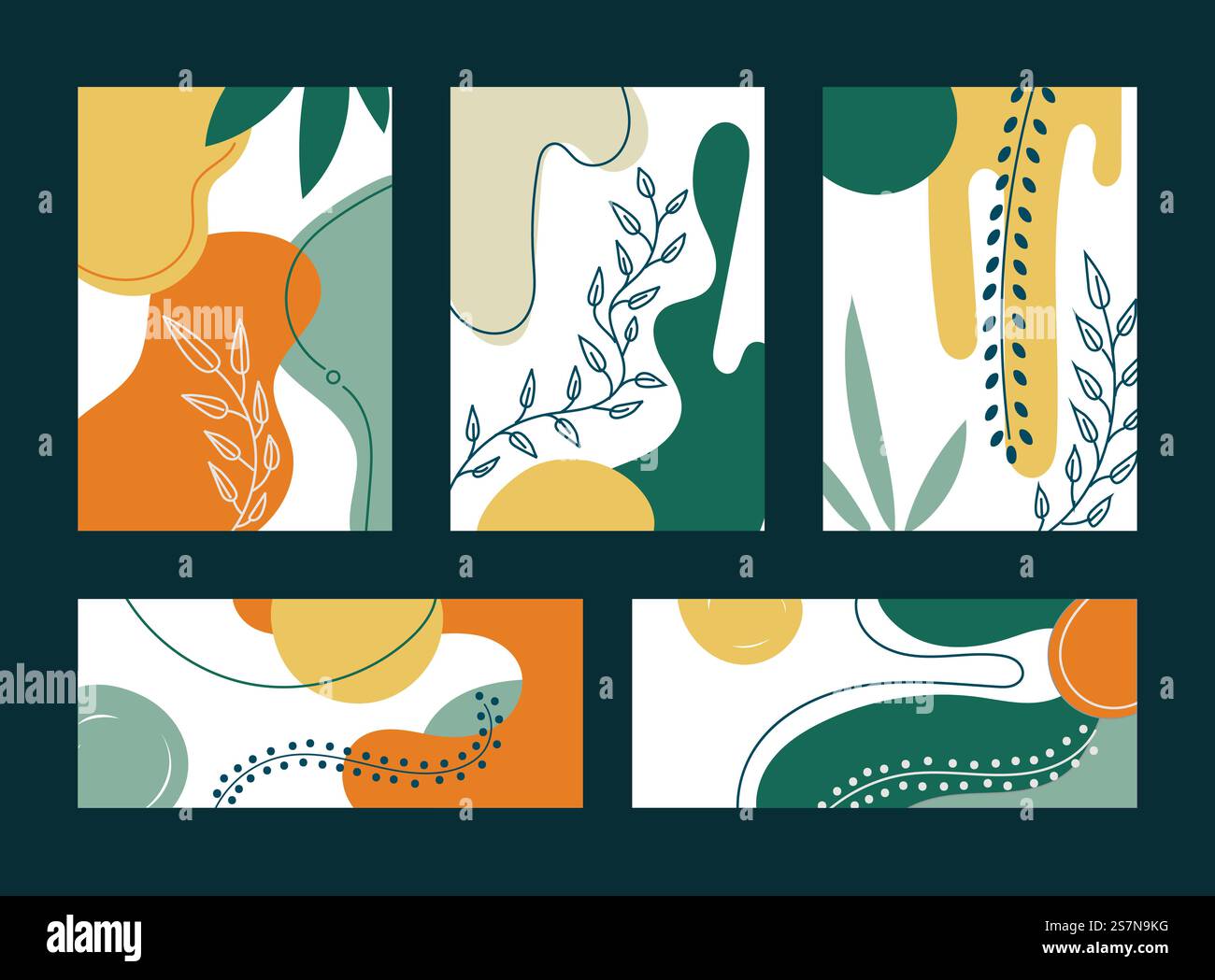 Set of spring collages hand drawn organic shapes and leaves on white ...