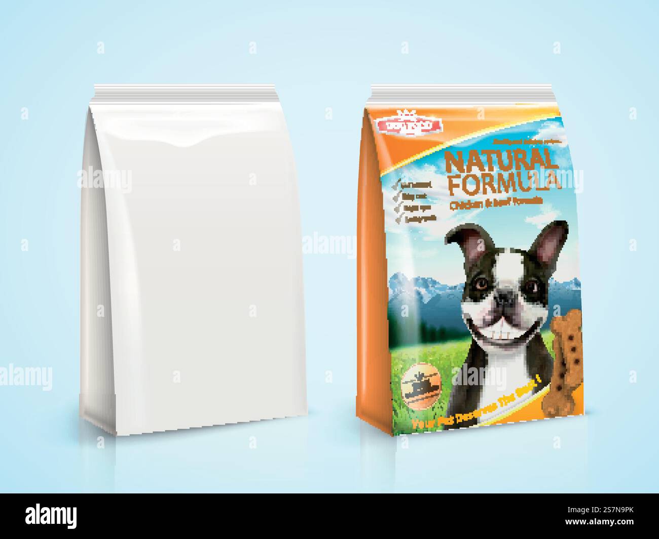 Dog food package design with boston terrier in 3d illustration. Dog ...