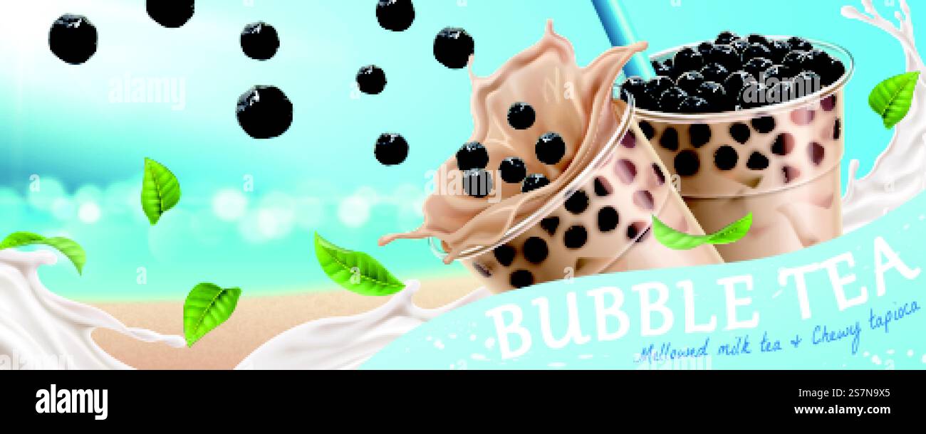 Bubble tea banner ads with flying tapioca and milk on glittering ocean ...