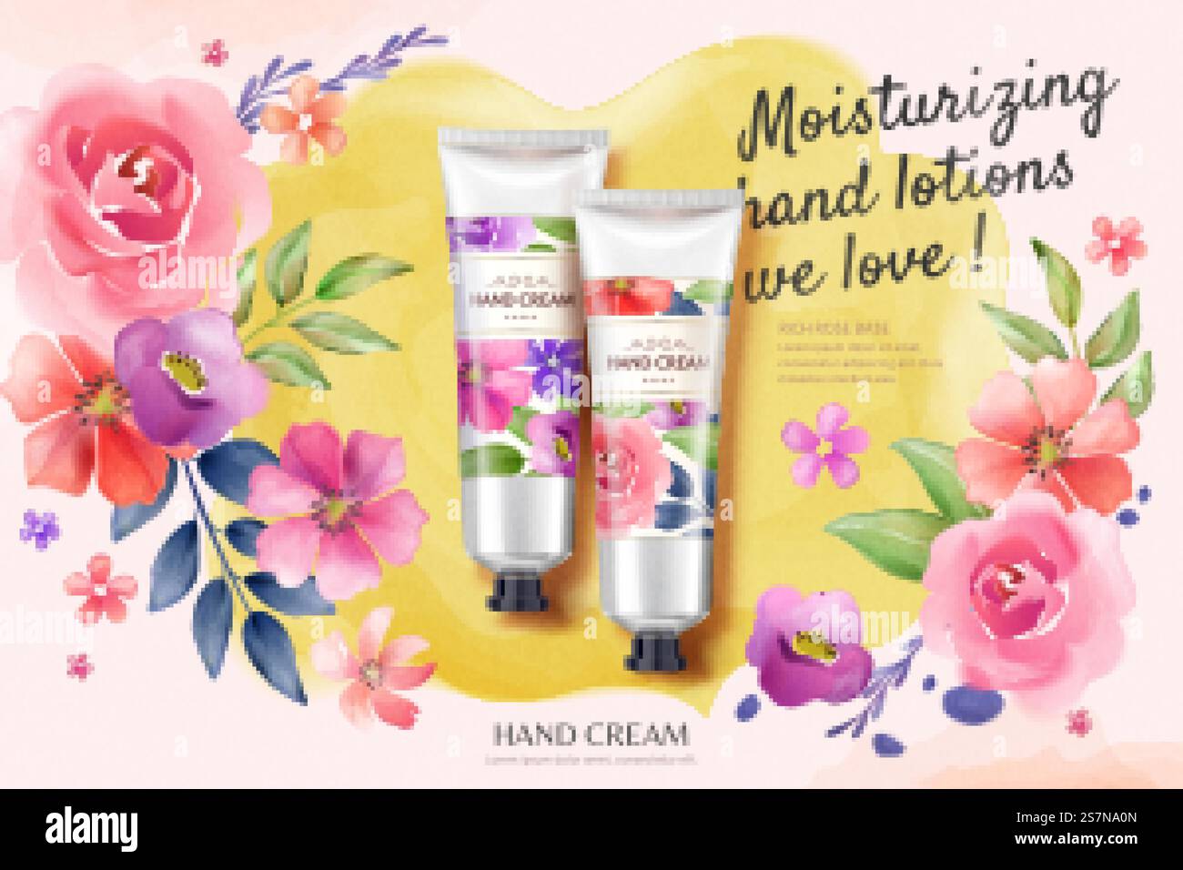 Flat lay hand cream ads with colorful watercolor style floral ...