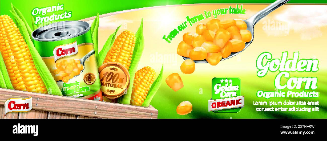 Organic canned corn banner ads with delicious maize in 3d illustration ...