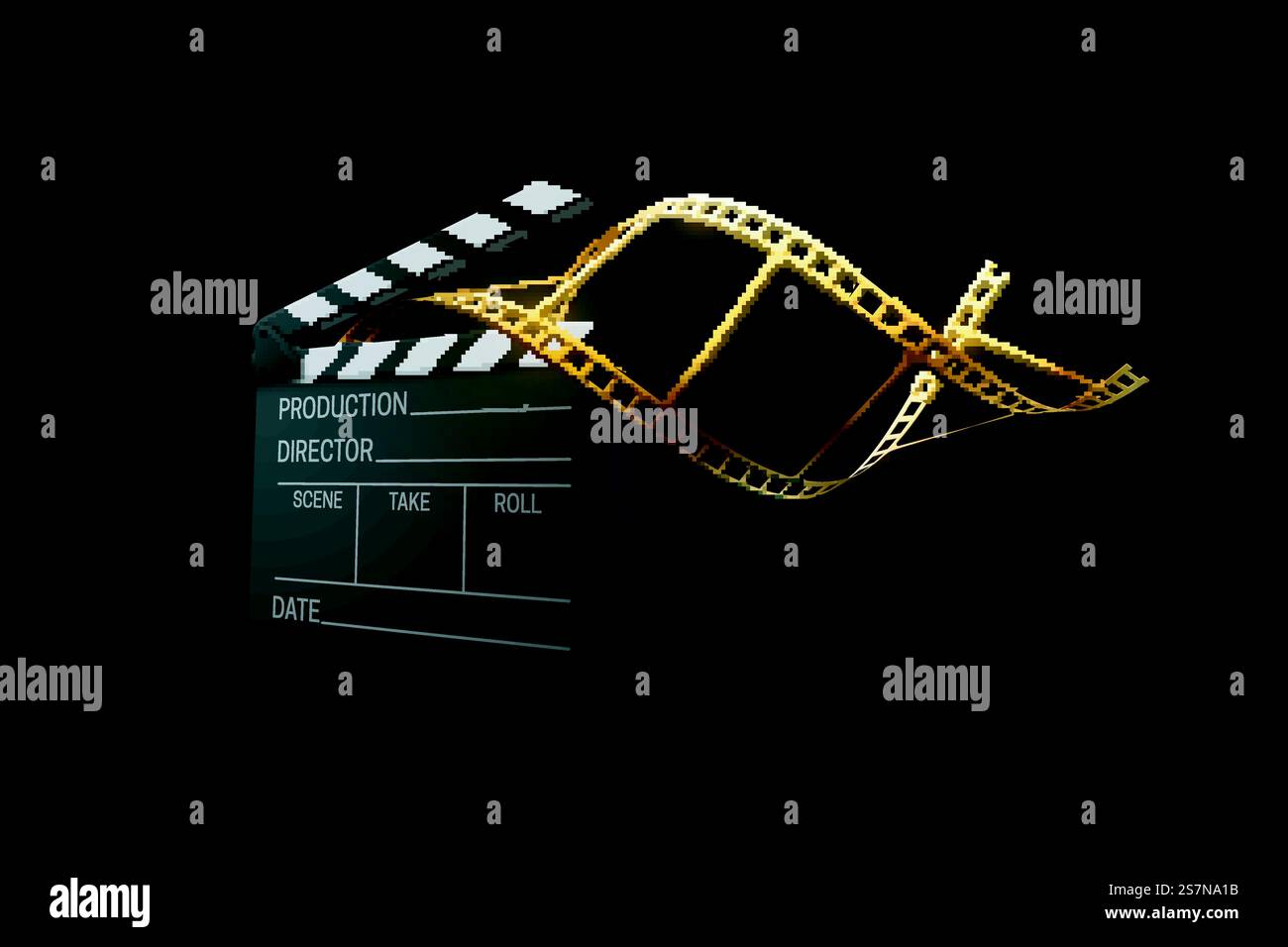 Film clapper board with curled golden film strip cinema production hi ...